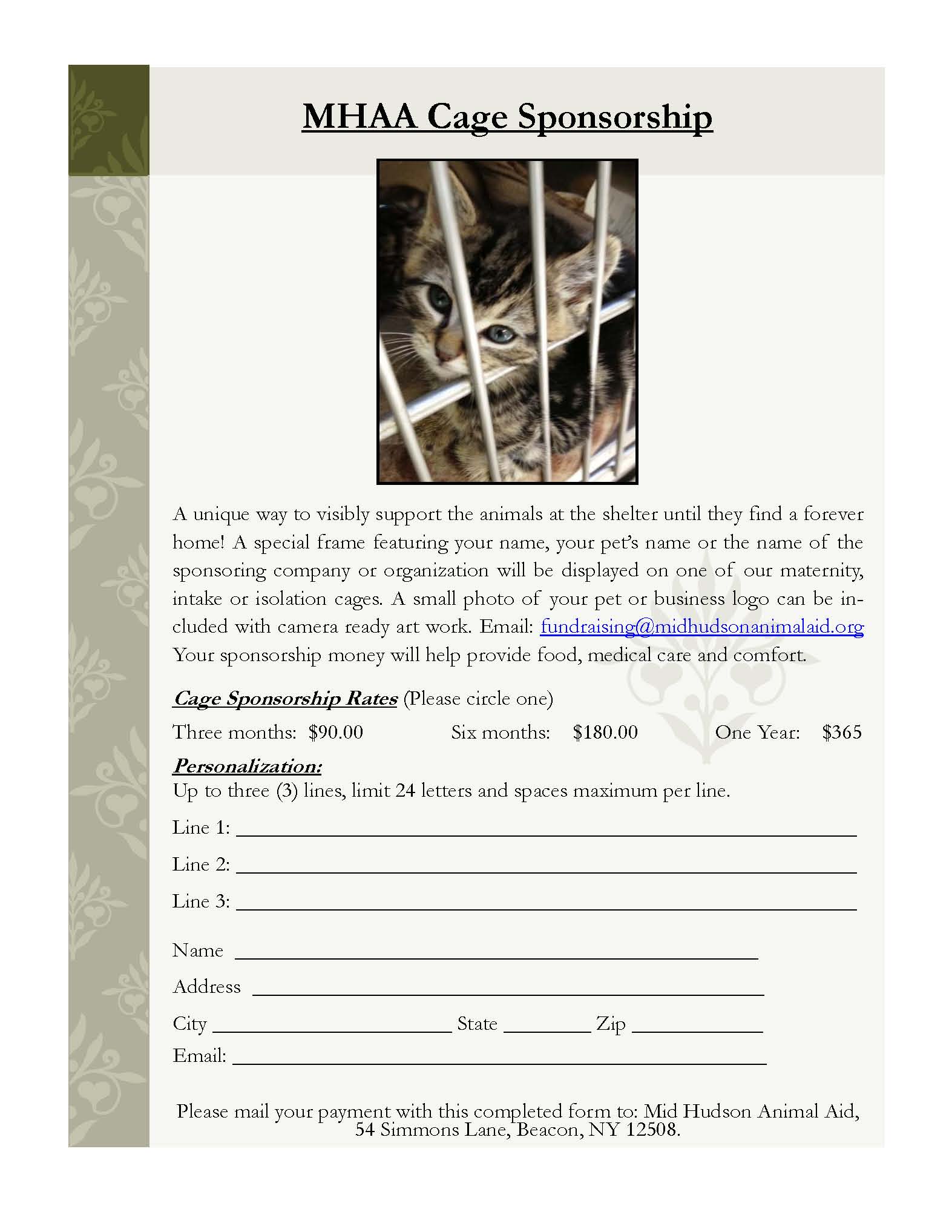 Download a MHAA Cage Sponsorship Form - Mid Hudson Animal Aid